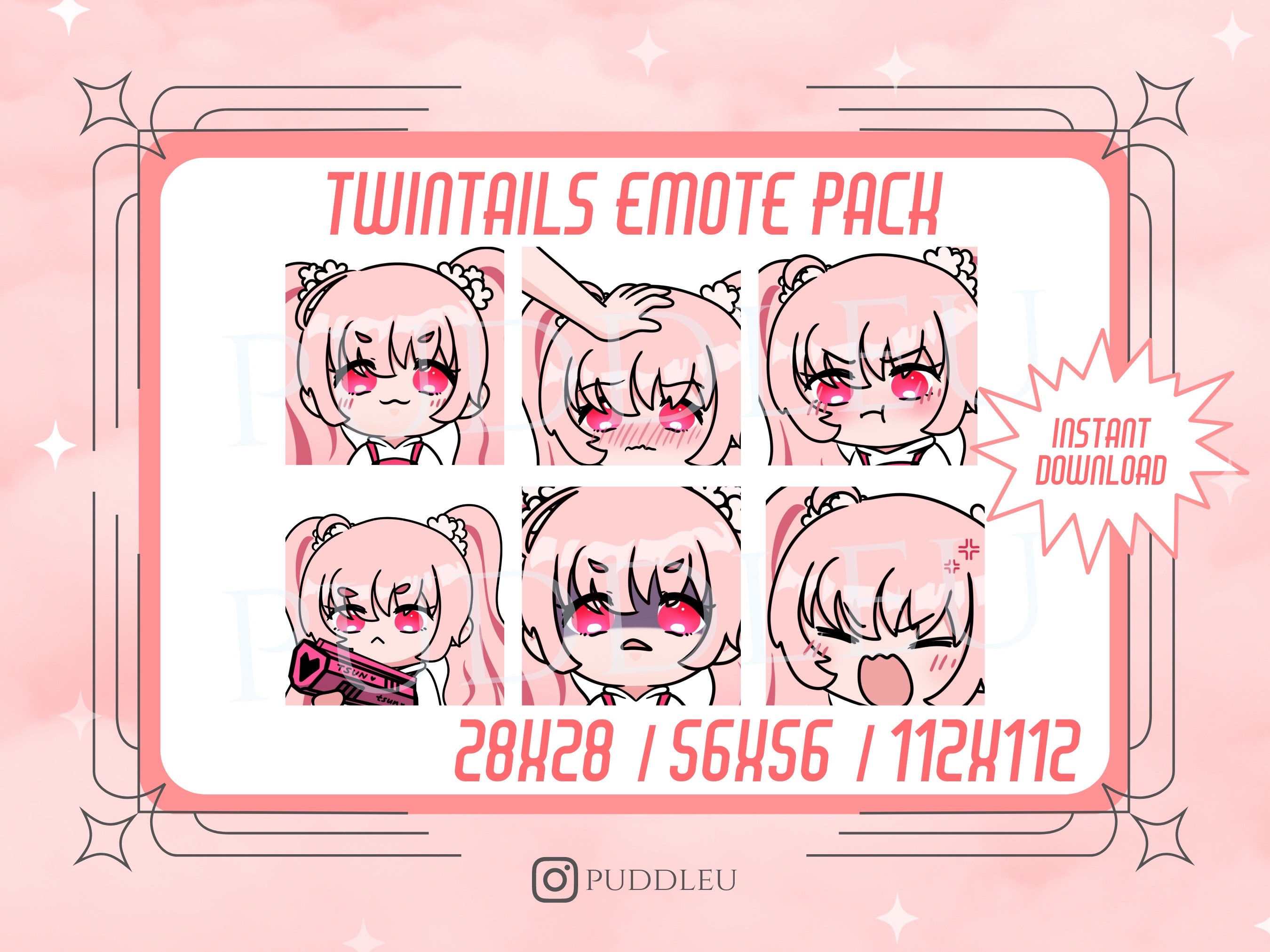 Twintails Pink Haired Chibi Girl Twitch Emote Pack | Cute Tsundere ...