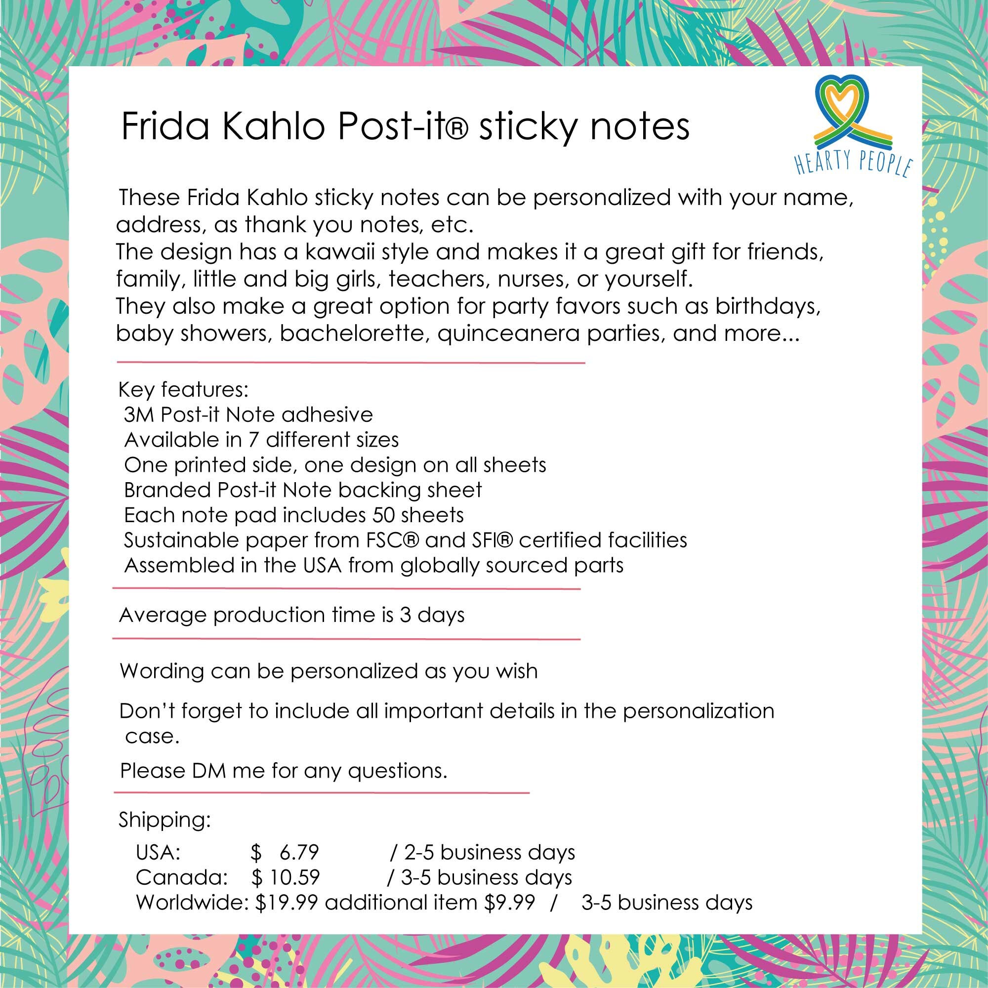 Frida Kahlo Print, Kawaii Memo Pad, Personalized Sticky Notes, Teacher ...
