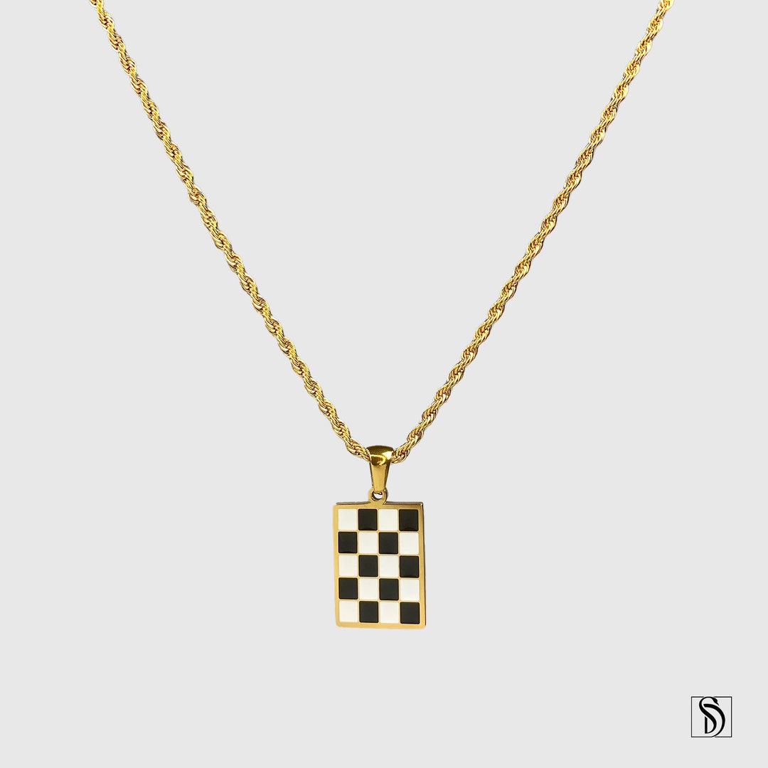 Black and White Chess Board Pendant Necklace, Premium 18K Gold ...