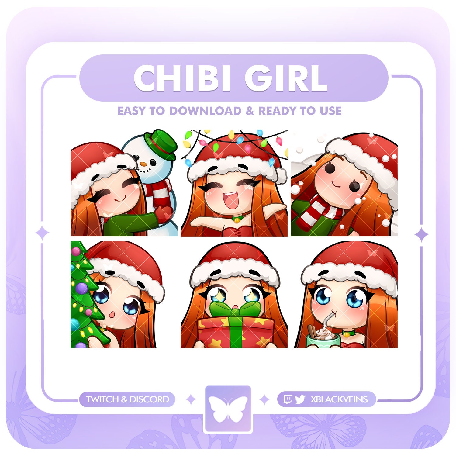 Pelo rojo y ojos azules Chibi Emotes para Twitch y Discord / Christmas ...