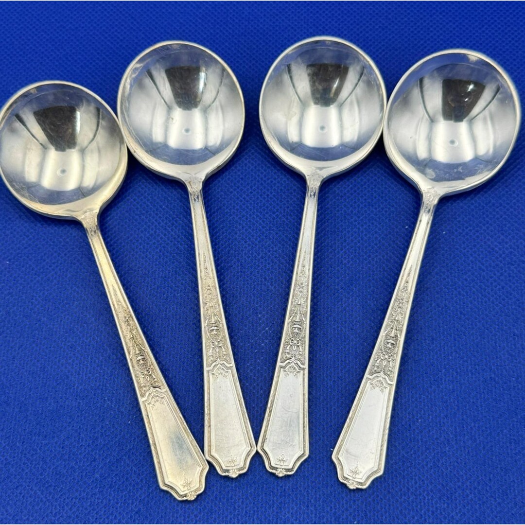 4 - 1847 Rogers Bros ANCESTRAL Round Bowl Bouillon 5 3/8” Soup Spoon ...