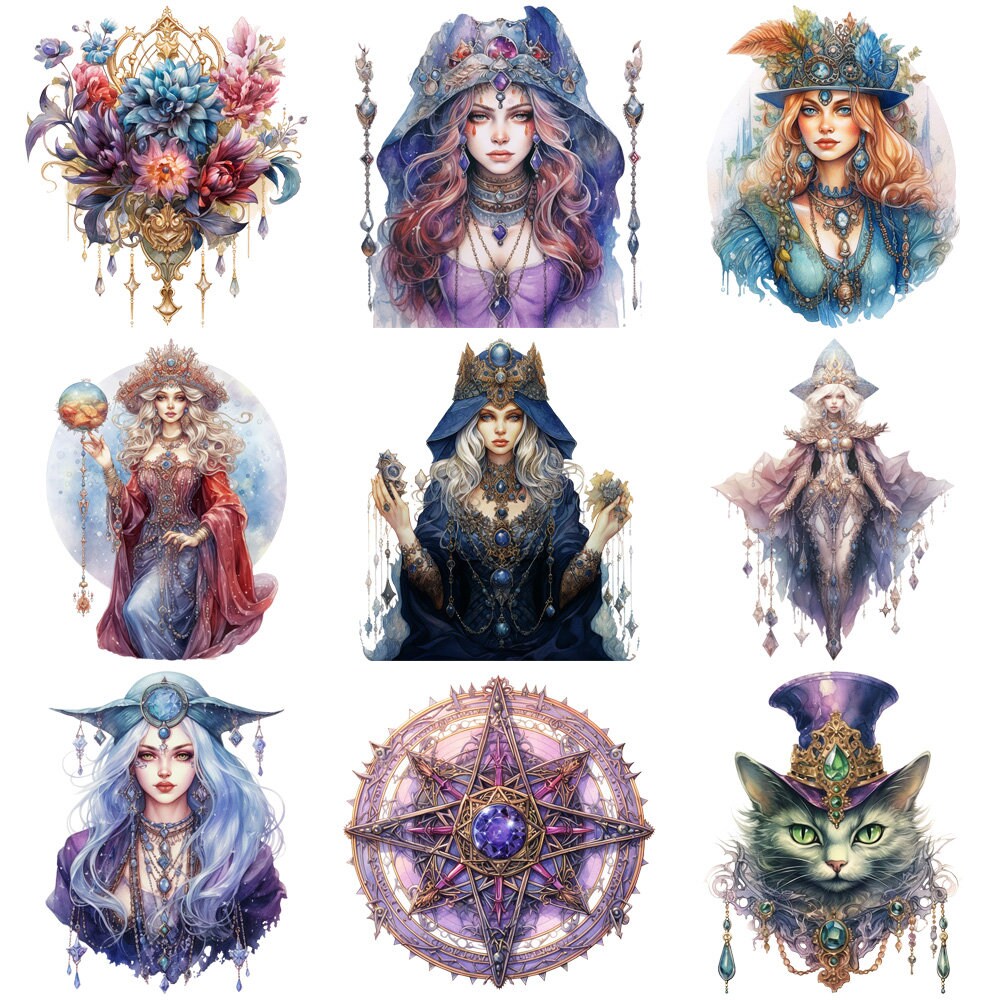 Watercolor Celestial Witch Clipart, Witch Clip Art PNG, Witch Bundle ...