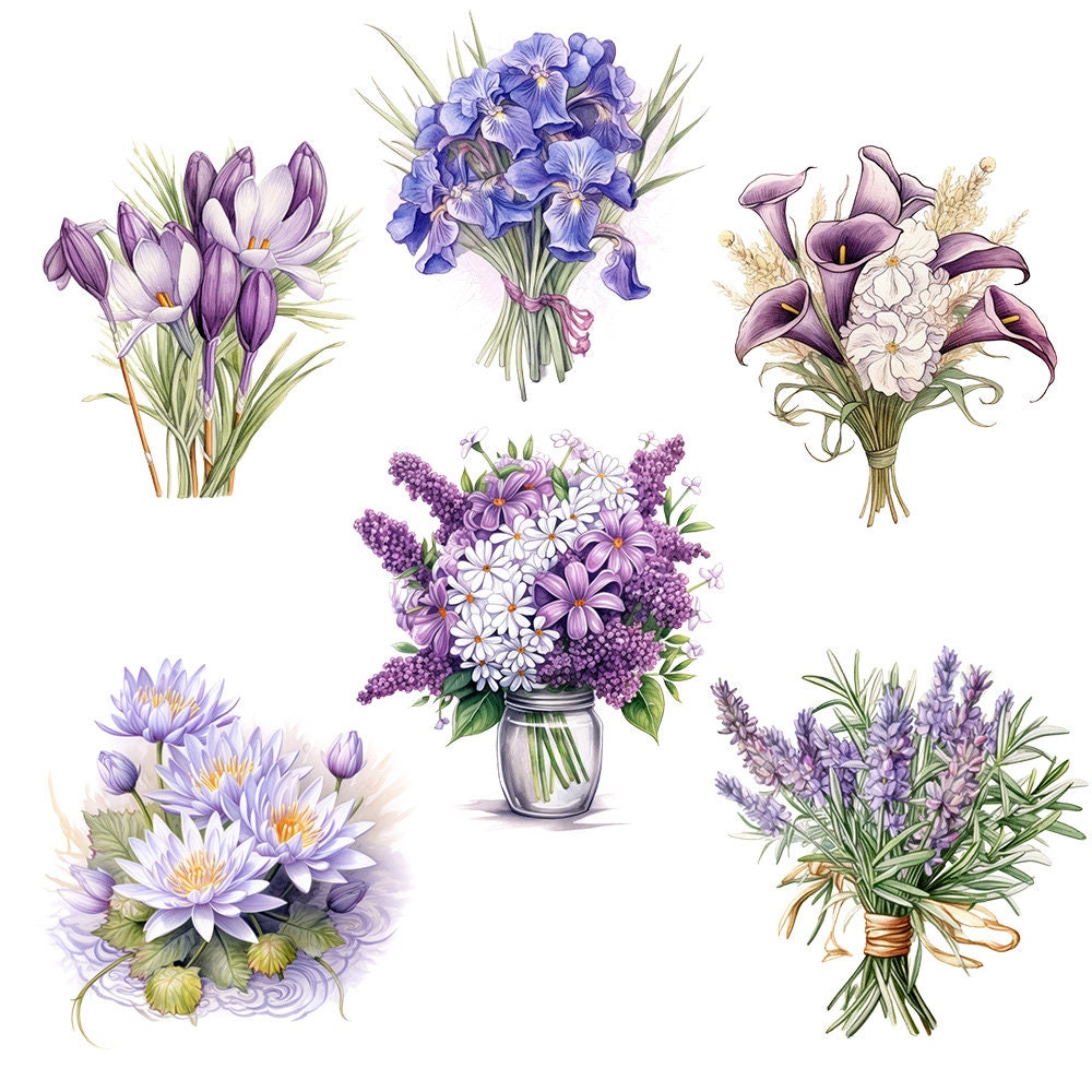 Retro Romantic Bouquets, Watercolor Purple Floral, Tulip, Wildflowers ...