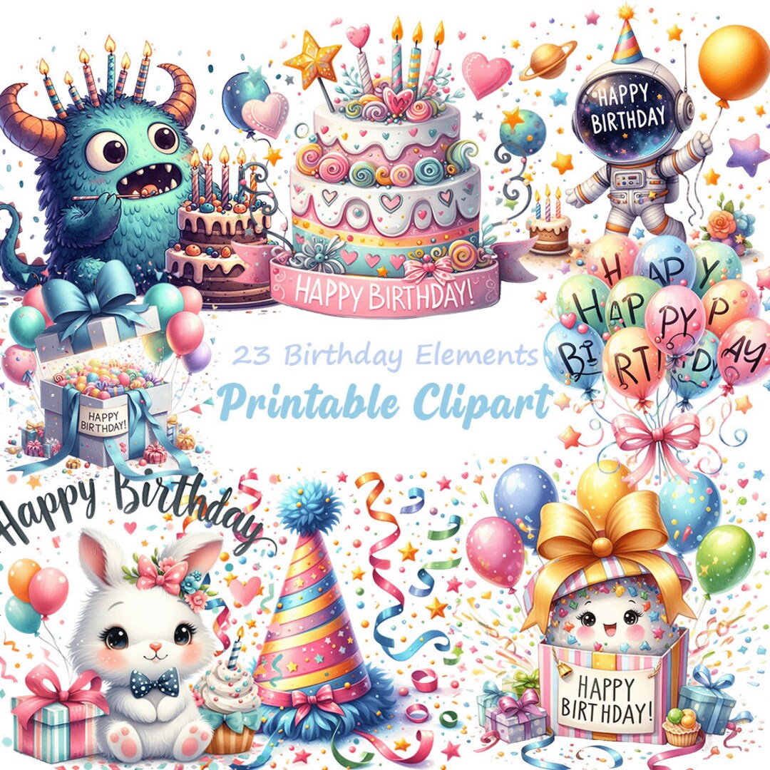 Birthday Clipart PNG Bundle, Baby Animals, Party Balloons (digital ...