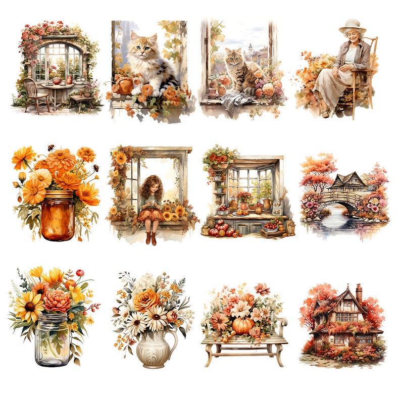 AUTUMN Garden Watercolor Clipart Bundle, Autumn Flowers Store Clipart ...