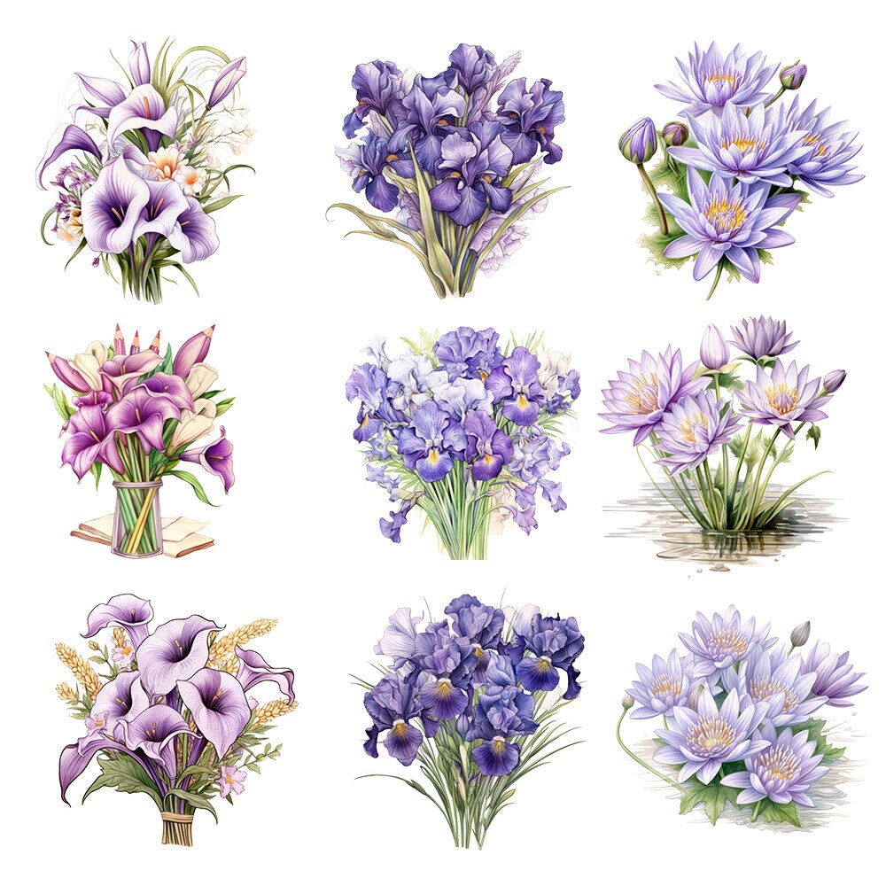 Retro Romantic Bouquets, Watercolor Purple Floral, Tulip, Wildflowers ...
