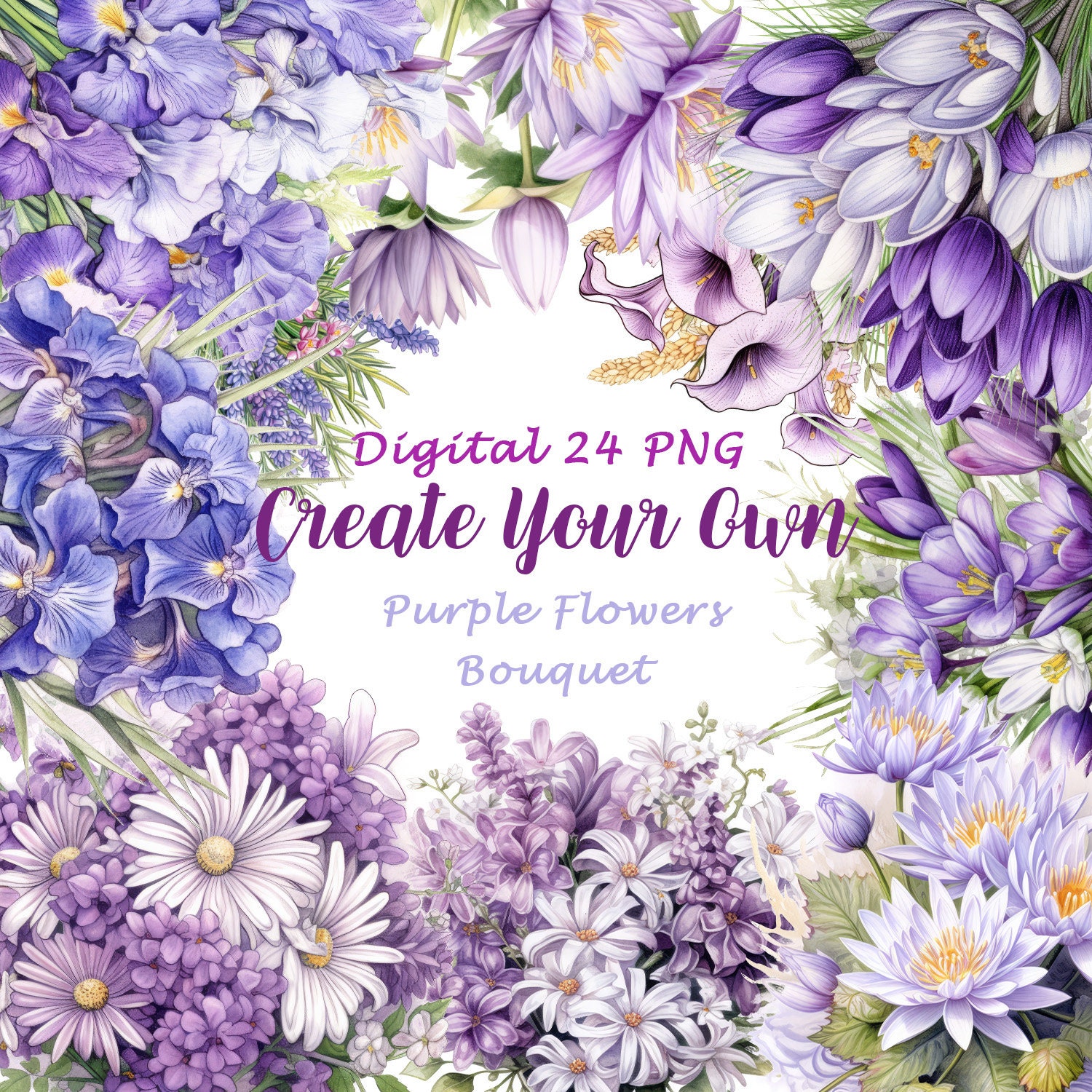 Retro Romantic Bouquets, Watercolor Purple Floral, Tulip, Wildflowers ...