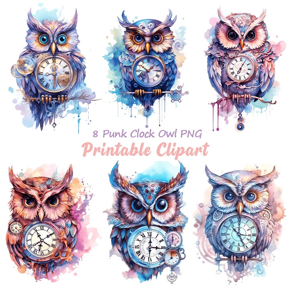 Steampunk Timer Owls PNG, Watercolor Clock Animal PNG, Wall Clock ...