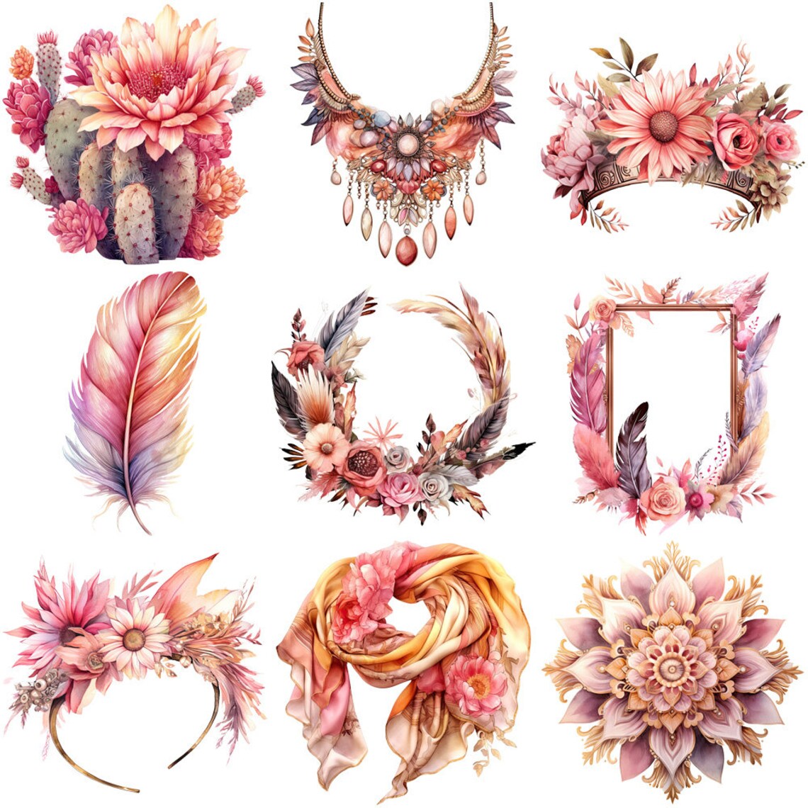 Watercolor Western Clipart, Boho Flowers, Butterfly Jewelry (PNG ...