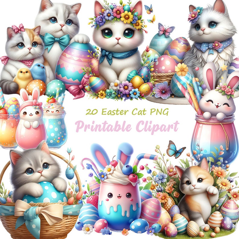 Easter Kitten PNG Bundle, Boba Tea Png, Cute Baby Cat Bunny PNG, Easter ...