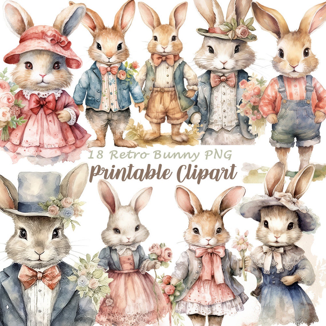 Retro Watercolor Bunnies PNG, Cute Bunny Couple Wedding Clipart, Easter ...