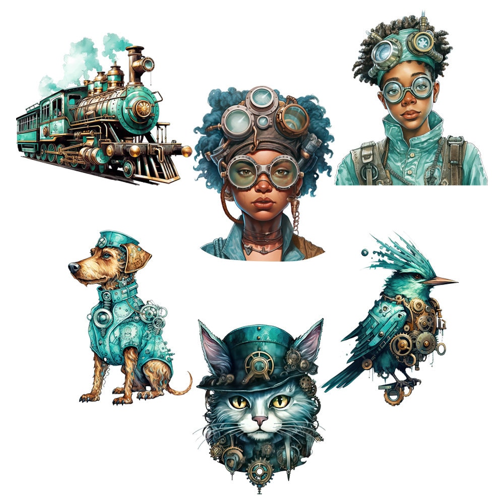 Steampunk Clipart Bundle, Green Retro PNG Graphics (digital Download ...