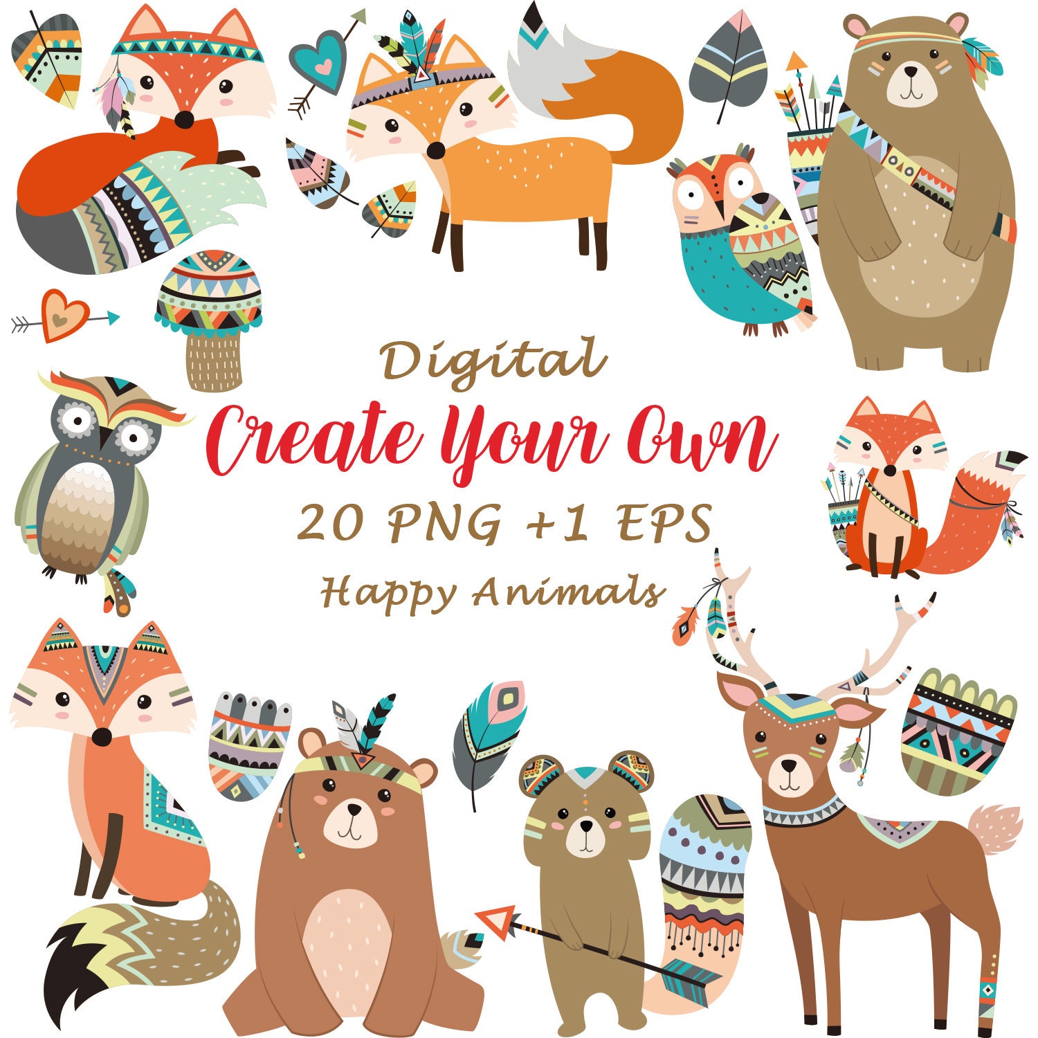 Digital EPS Children's Illustration, Cute Animals PNG Creatable, Bear ...