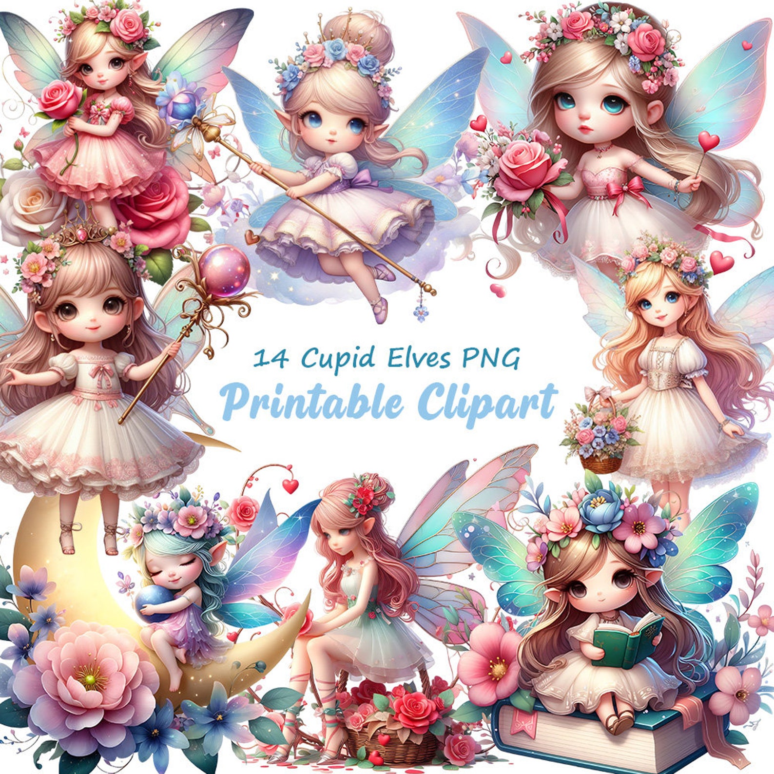Cupid Elves Romantic Valentine's Day PNG, Angel Girls Digital Clipart ...