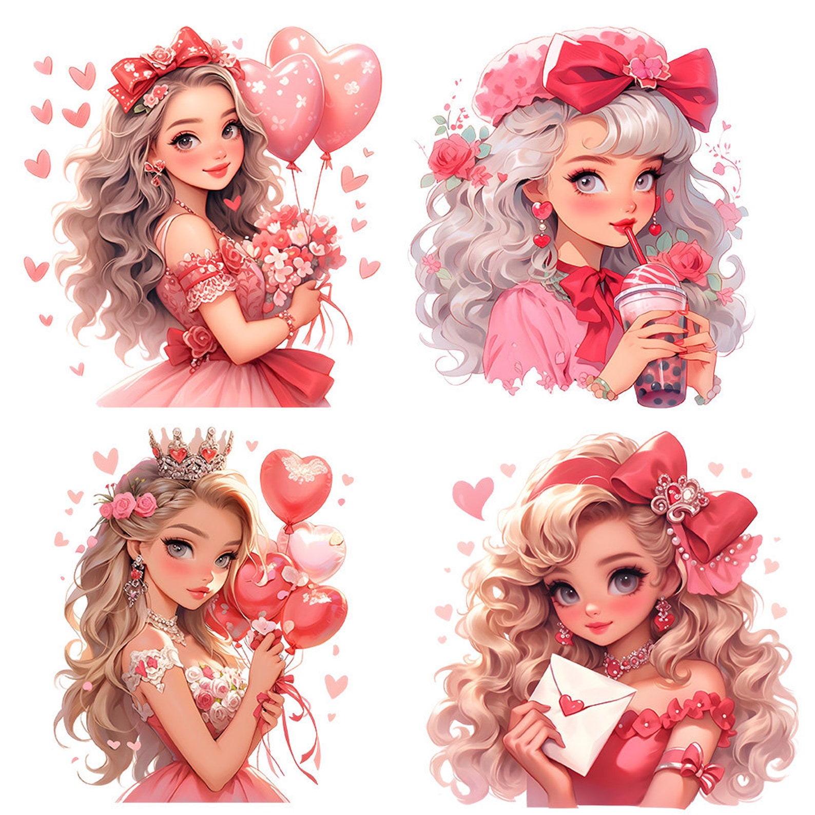 Romantic Valentine's Day Bundle Art, Pretty Red Lovely Girls Digital ...