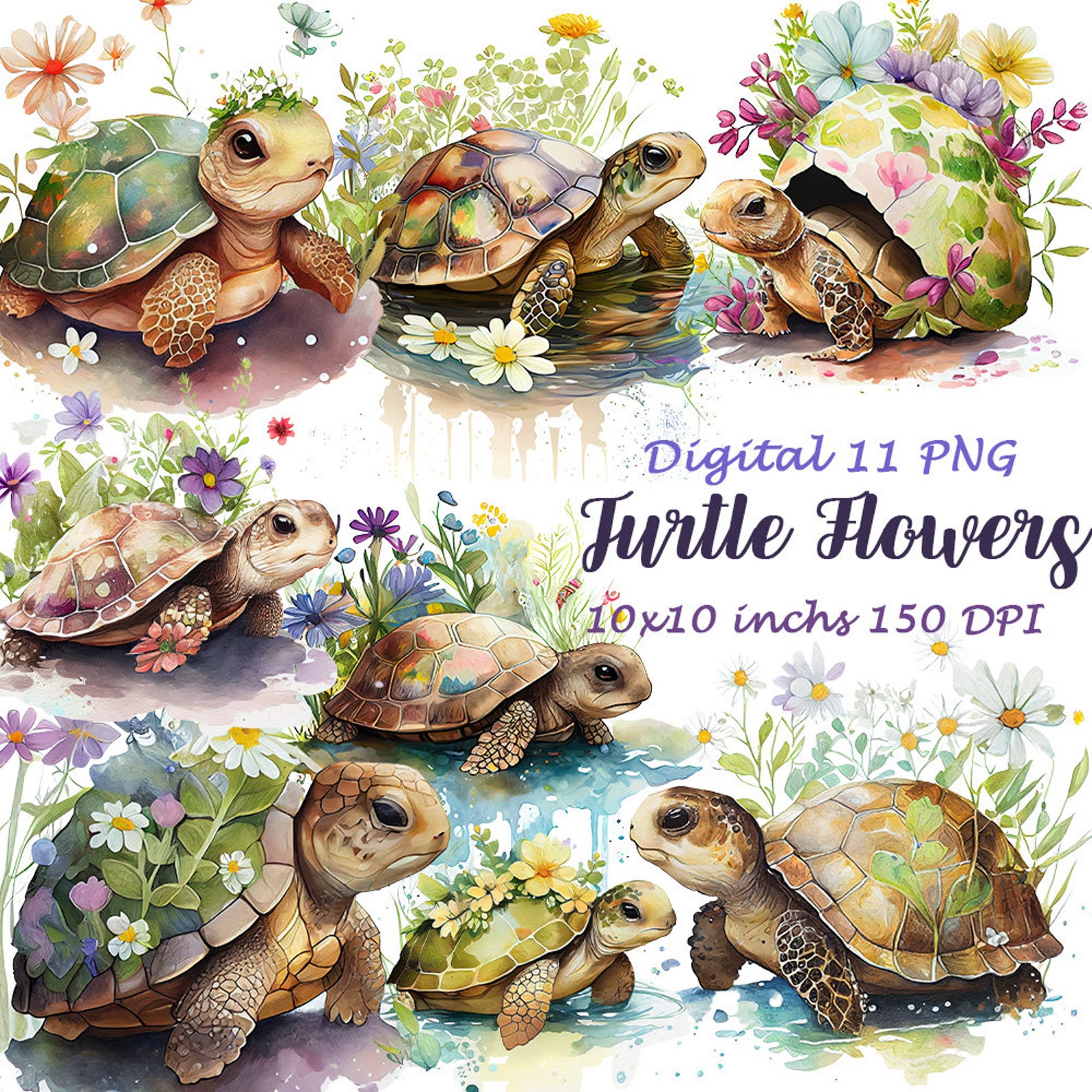 Watercolor Turtle PNG, Flowers Turtle, Sea Turtle PNG Sublimation ...