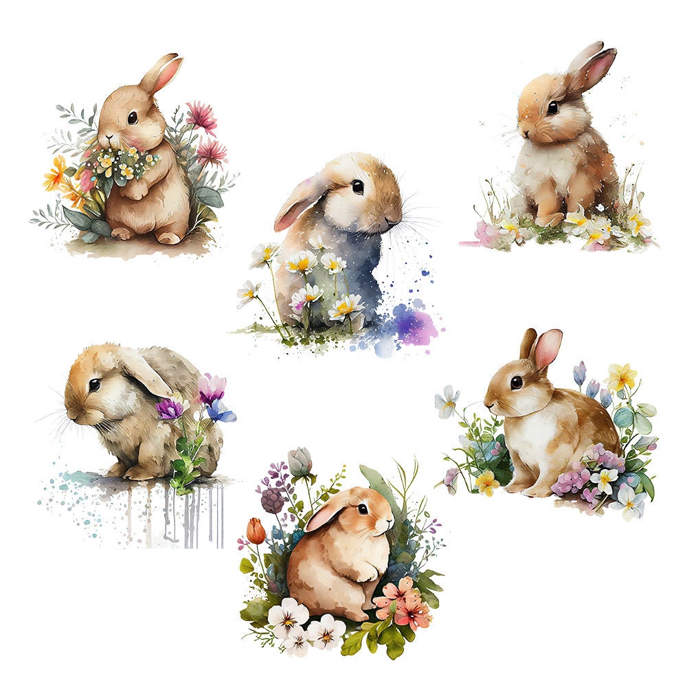 Bunnies With Flowers PNG, Spring Cute Bunny, Watercolor Little Animals ...