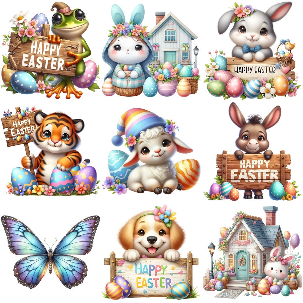 Lovely Signboard Animals PNG, Cute Easter Eggs Clipart, Easter Animals ...