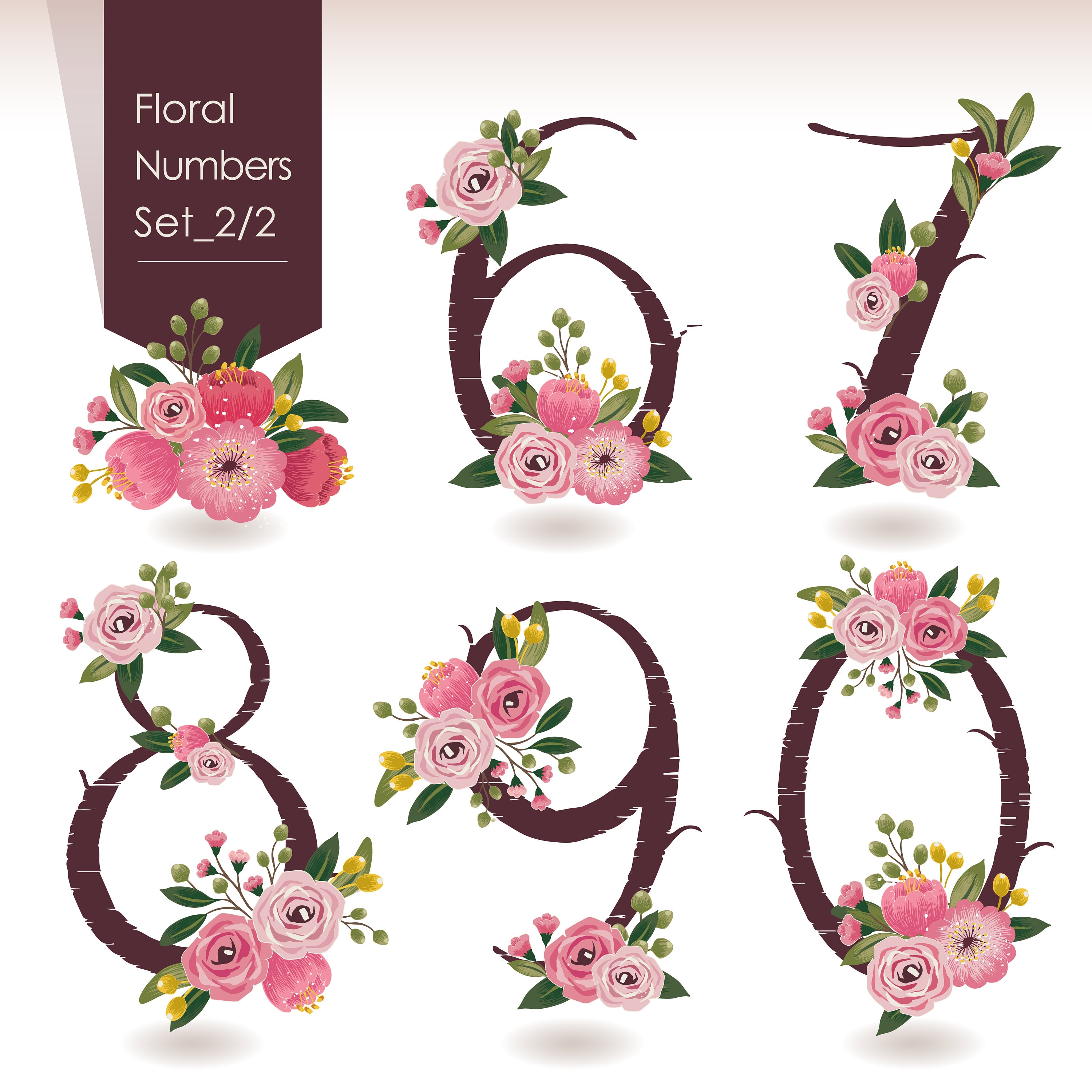 Floral Numbers, Watercolor Floral Numbers, Floral Numbers, Pink ...