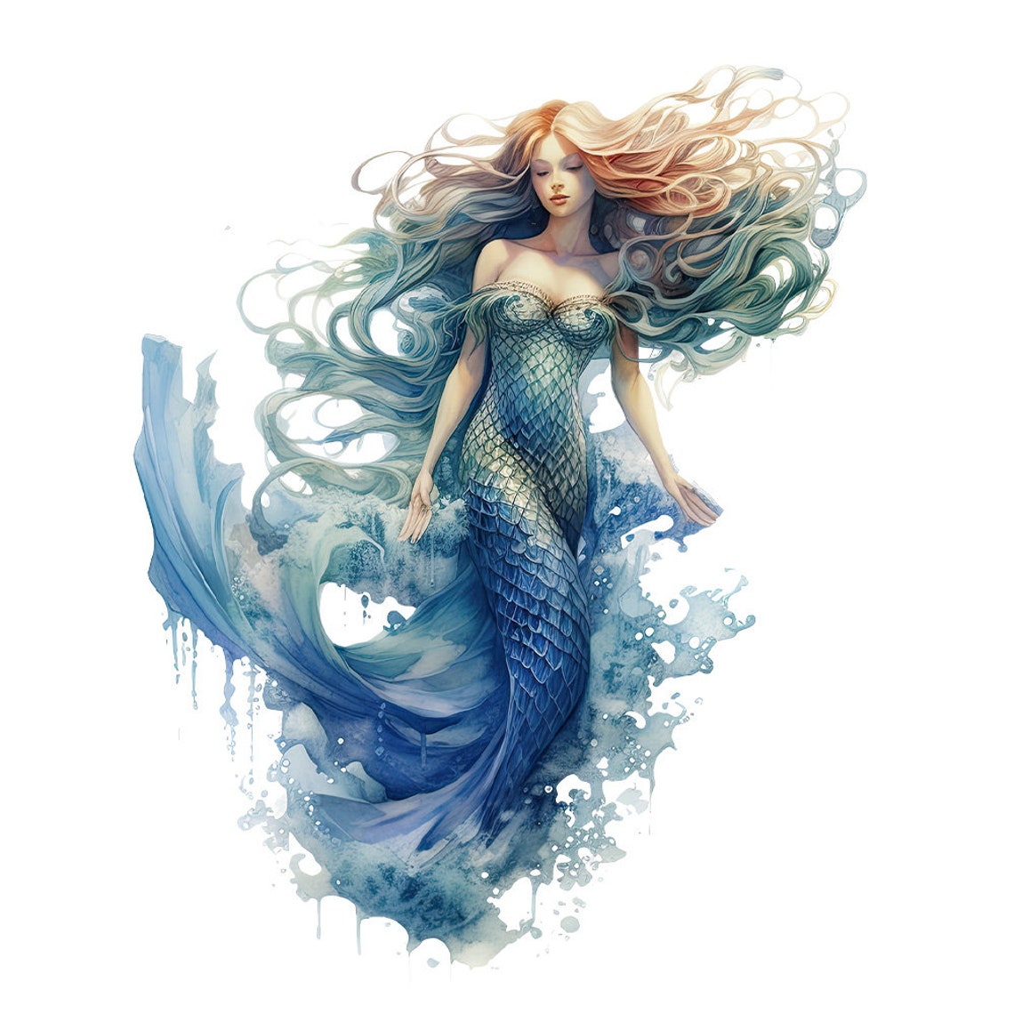 Ocean Goddess Clipart, Underwater Mermaid Queen Watercolor Clipart ...
