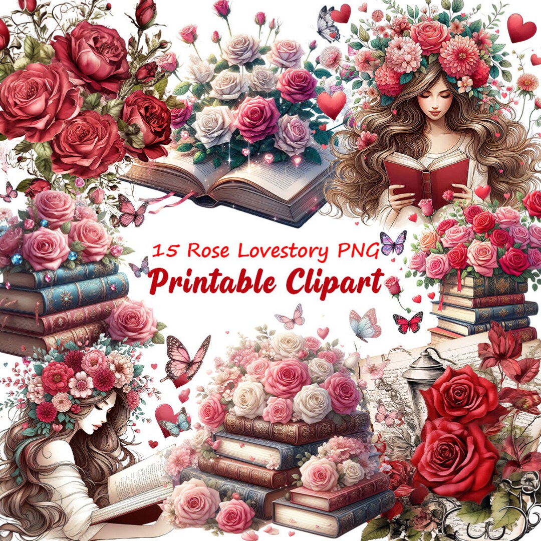 Love Storybook Valentine's Day PNG, Love Letter Digital Clipart, Rose ...
