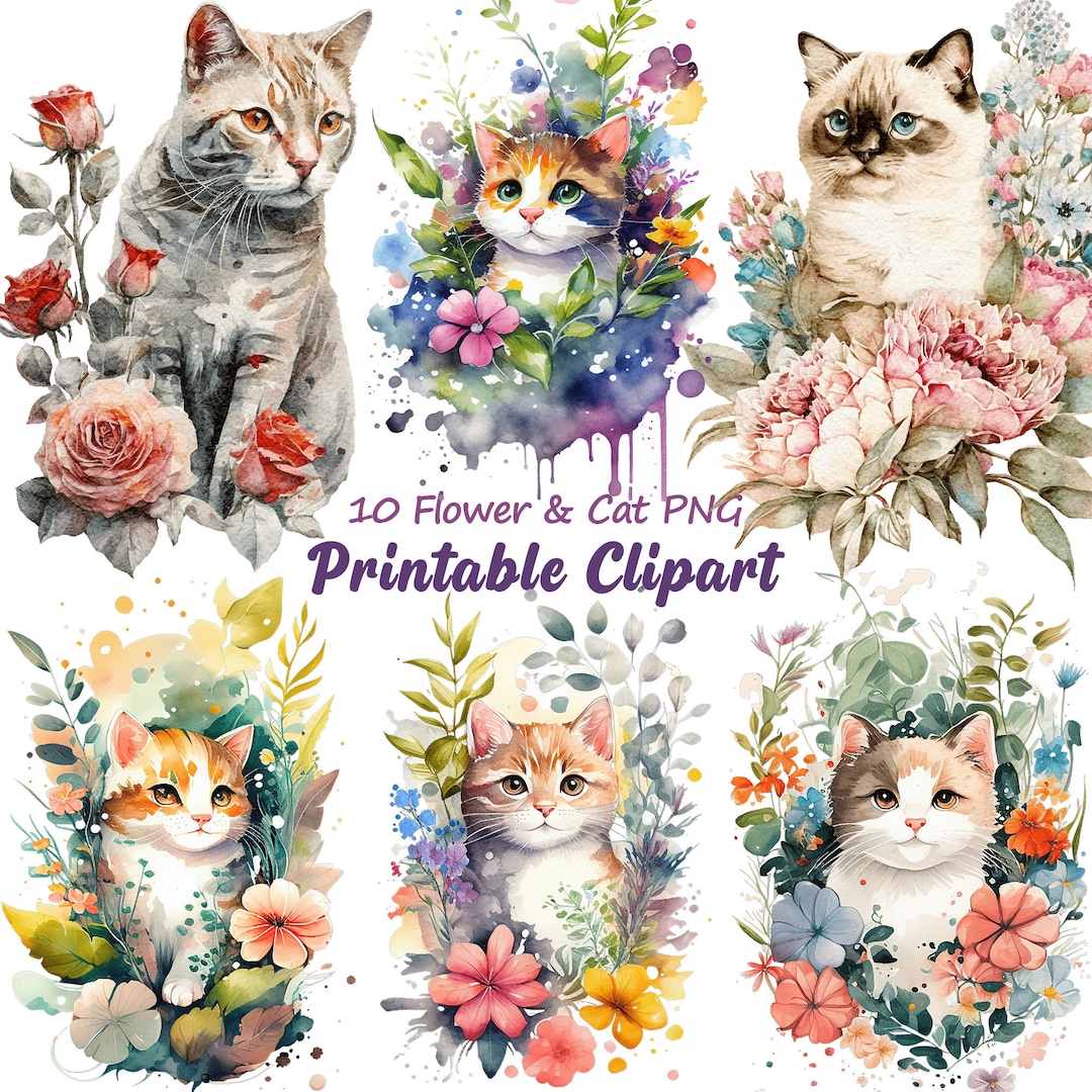 Watercolor Floral Cats Clipart, Spring Flowers (digital Download) - Etsy
