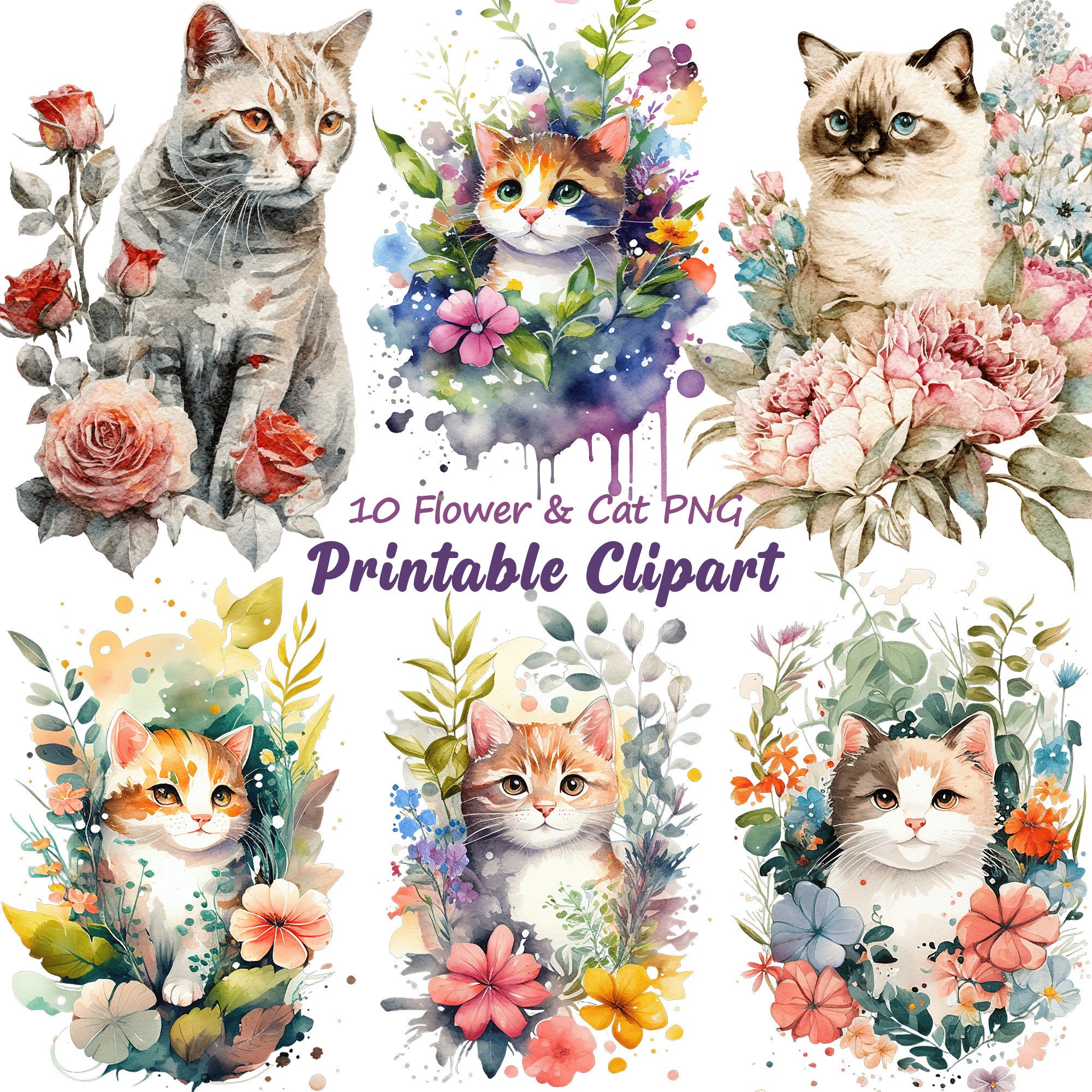 Watercolor Floral Cats Clipart, Lovely Cat Clip Art, Fairytale Cat ...
