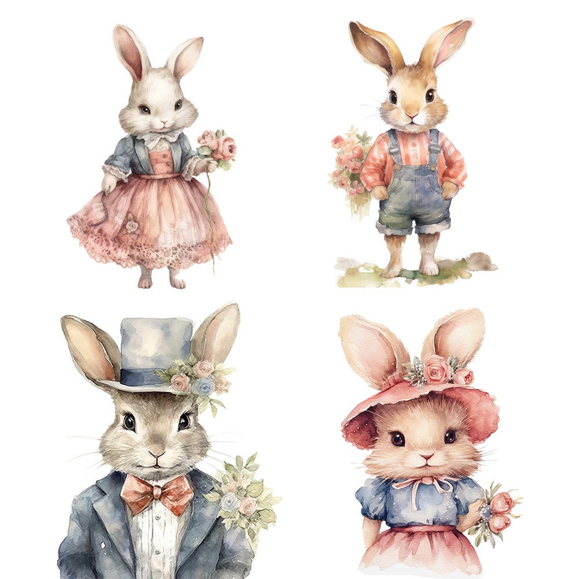 Retro Watercolor Bunnies PNG, Cute Bunny Couple Wedding Clipart, Easter ...