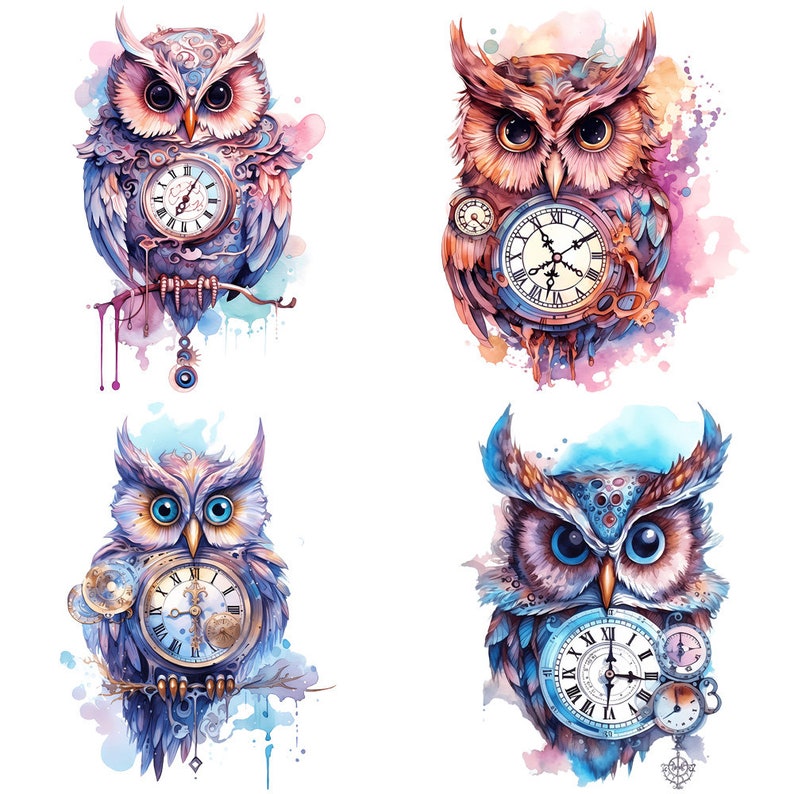 Steampunk Timer Owls PNG, Watercolor Clock Animal PNG, Wall Clock ...