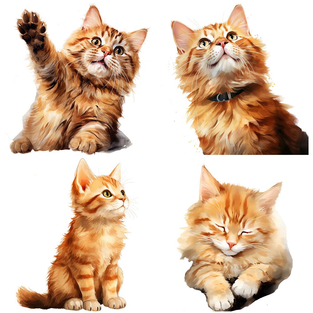 Watercolor Orange Kitten Clipart - Cute Tabby Baby Cats and Kittens ...