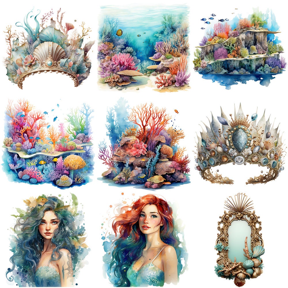 Watercolor Mermaid Clipart, Ocean Fantasy PNG (digital Download) - Etsy