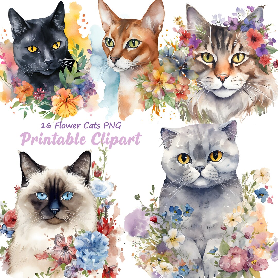Wildcat With Flowers Clipart, Spring Cat Pngs (digital Download) - Etsy