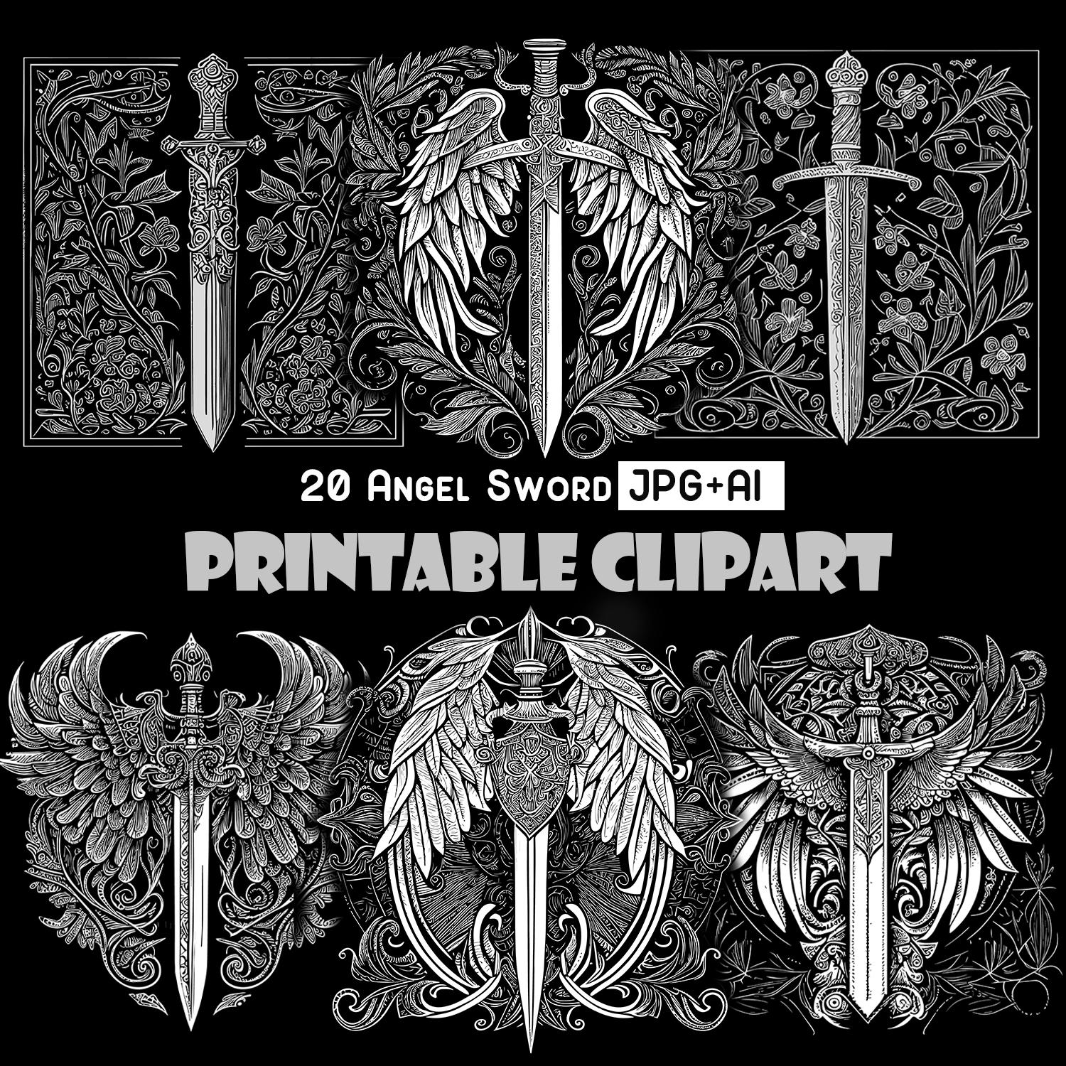 King Sword Clipart, Vine Angel Wings PNG, Mandala Vector Art, Black ...