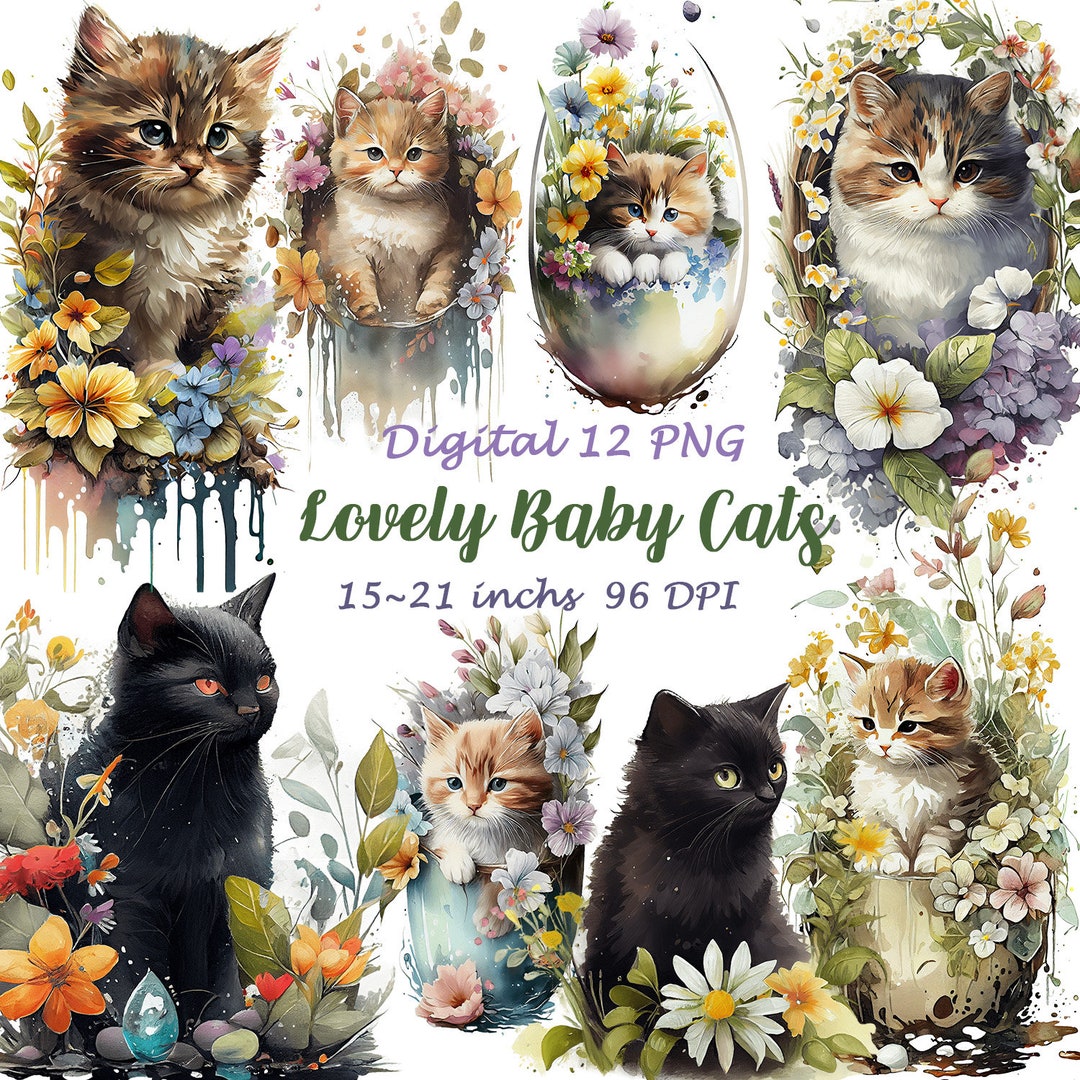 Watercolor Floral Cats Clipart, Lovely Cat Clip Art, Fairytale Cat ...