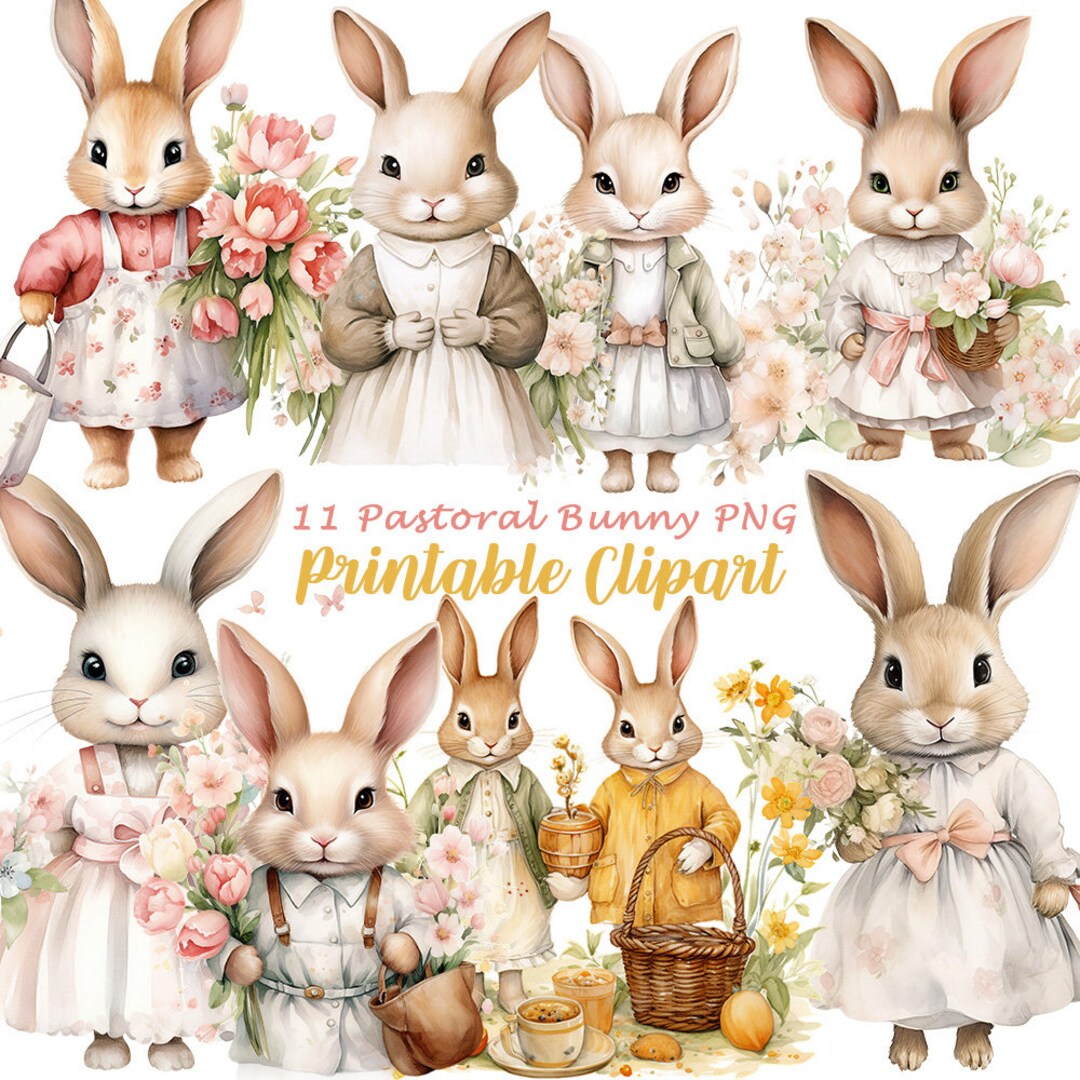 Pastoral Watercolor Bunnies PNG, Cute Bunny Couple Wedding Clipart ...