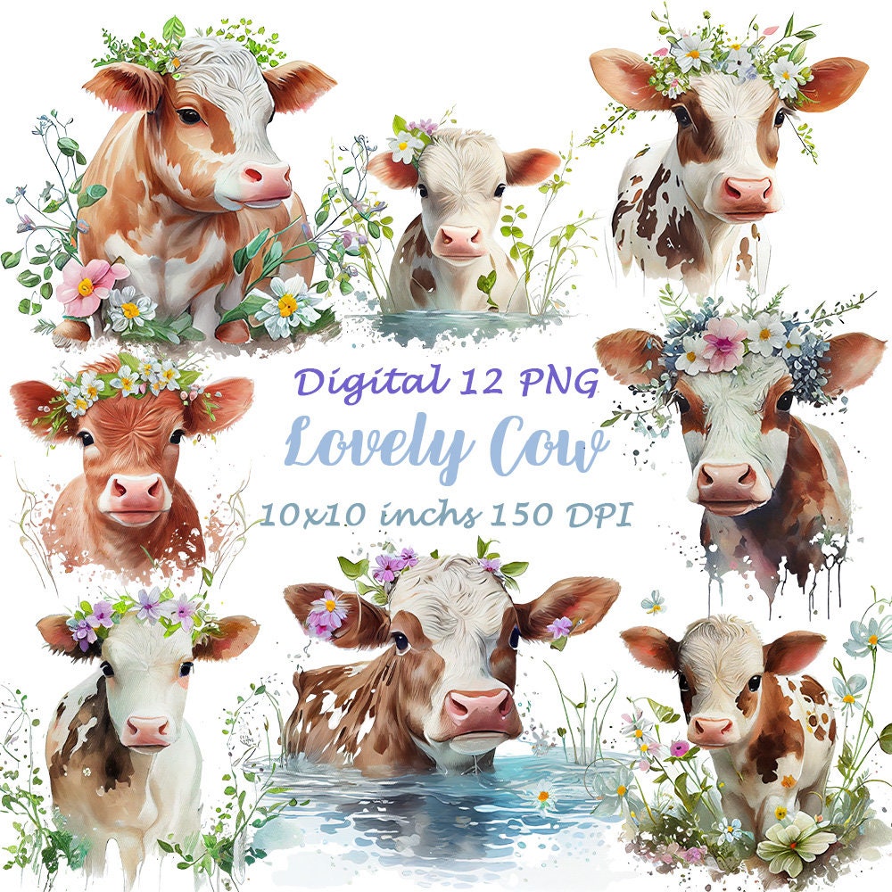 Watercolor Baby Cow Clipart, Farm Animals PNG (digital Art) - Etsy