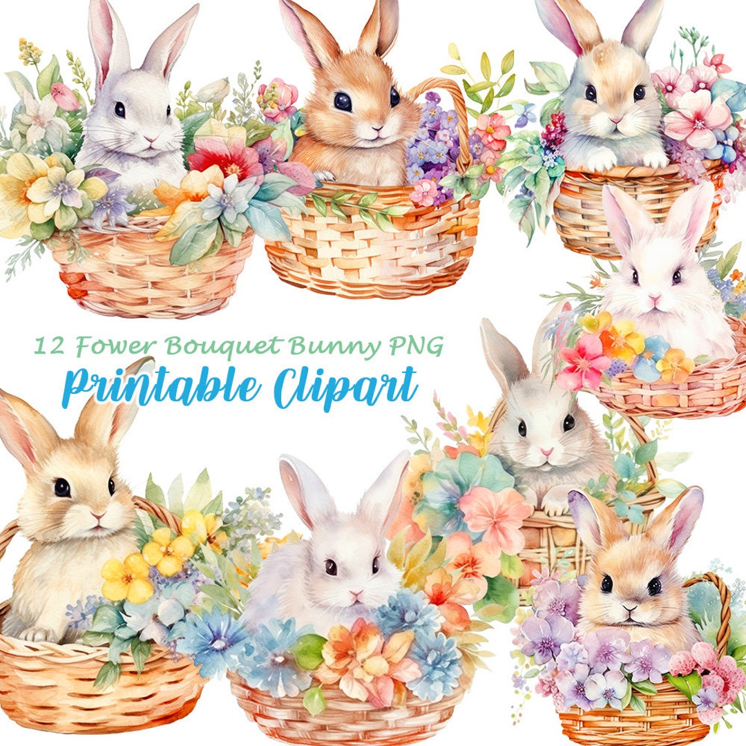 Watercolor Baby Bunnies PNG, Cute Bunny With Flowers Clipart, Easter ...