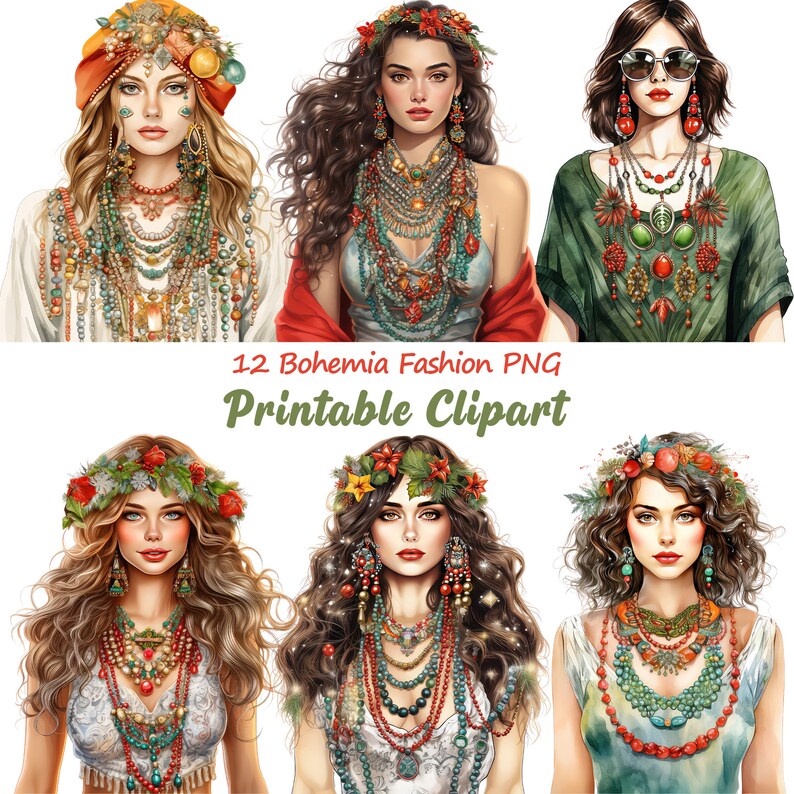 Watercolor Western Boho Clipart, Romantic Bohemia Fashion Lady PNG ...