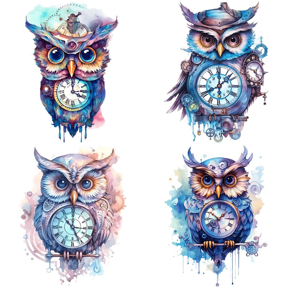 Steampunk Timer Owls PNG, Watercolor Clock Animal PNG, Wall Clock ...