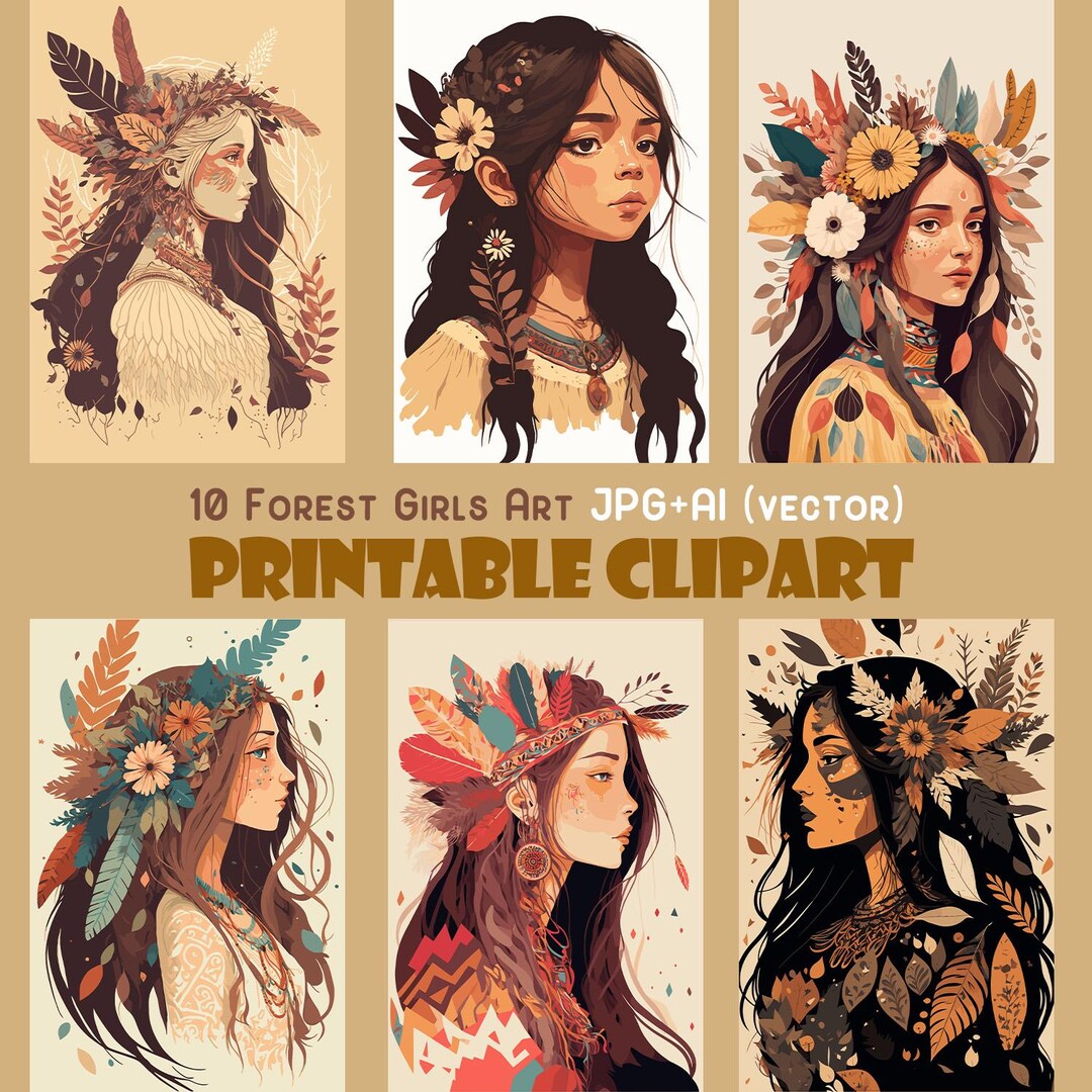 Forest Girls Clipart, Native American Art, JPG Vector (digital Download ...
