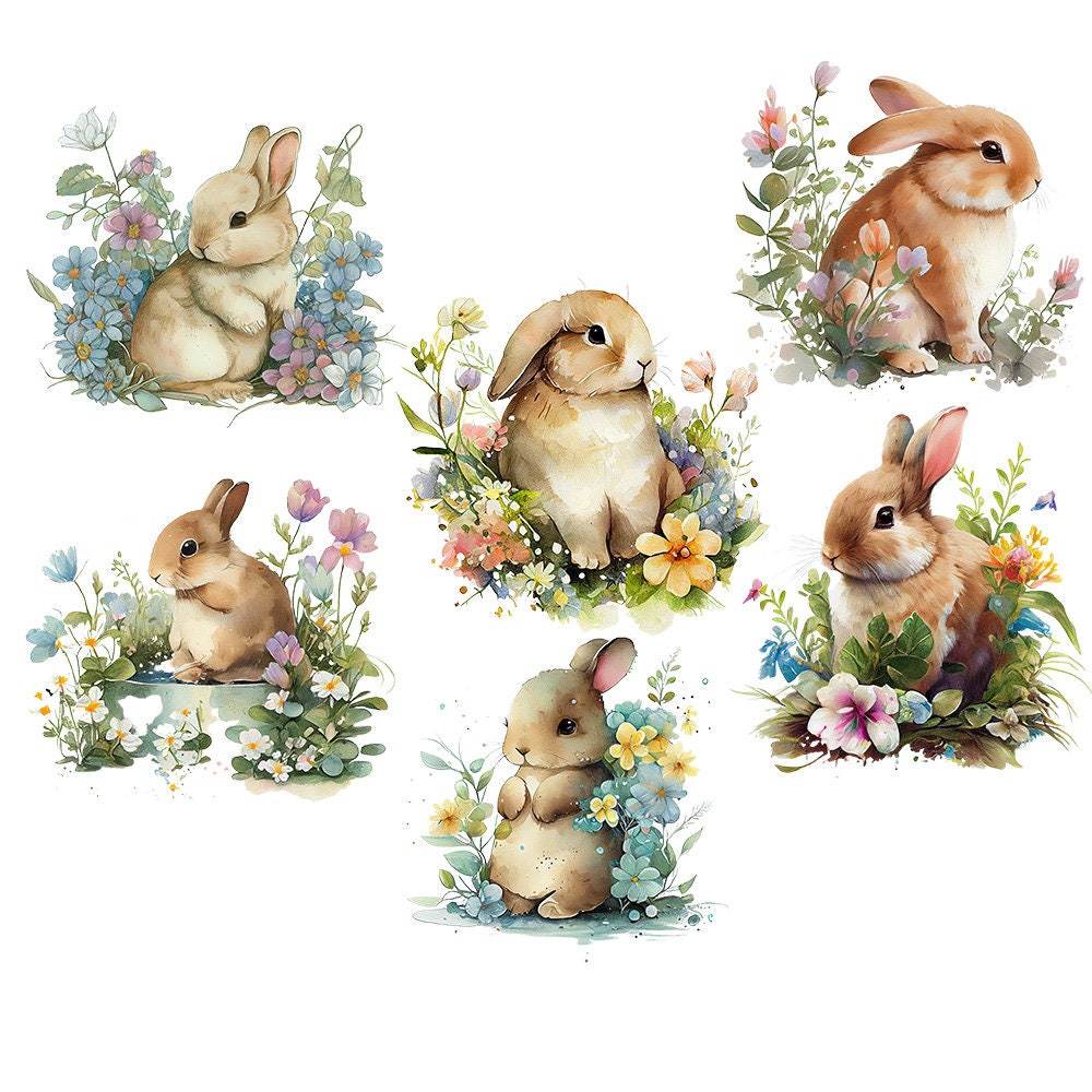 Bunnies With Flowers PNG, Spring Cute Bunny, Watercolor Little Animals ...