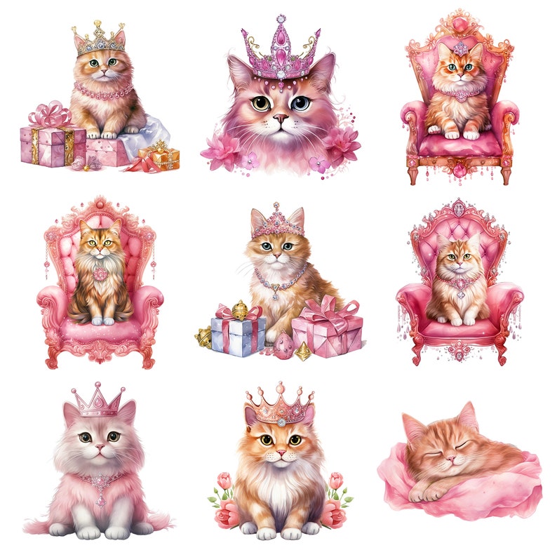 Watercolor Gorgeous Royal King Cats Clipart, Princess Cat Clip Art ...