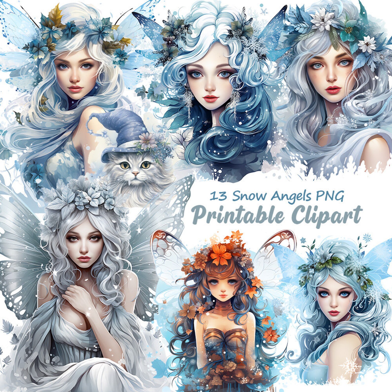 Snow Spirit Watercolor Clipart, Winter Icy Angels Beauty Clipart, Magic ...