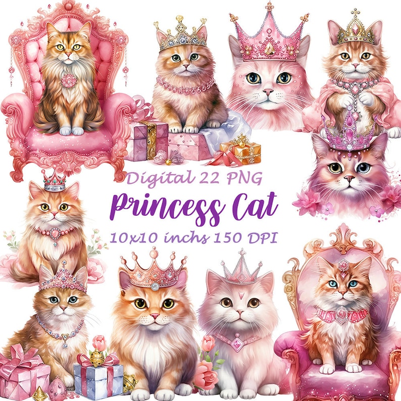 Watercolor Gorgeous Royal King Cats Clipart, Princess Cat Clip Art ...