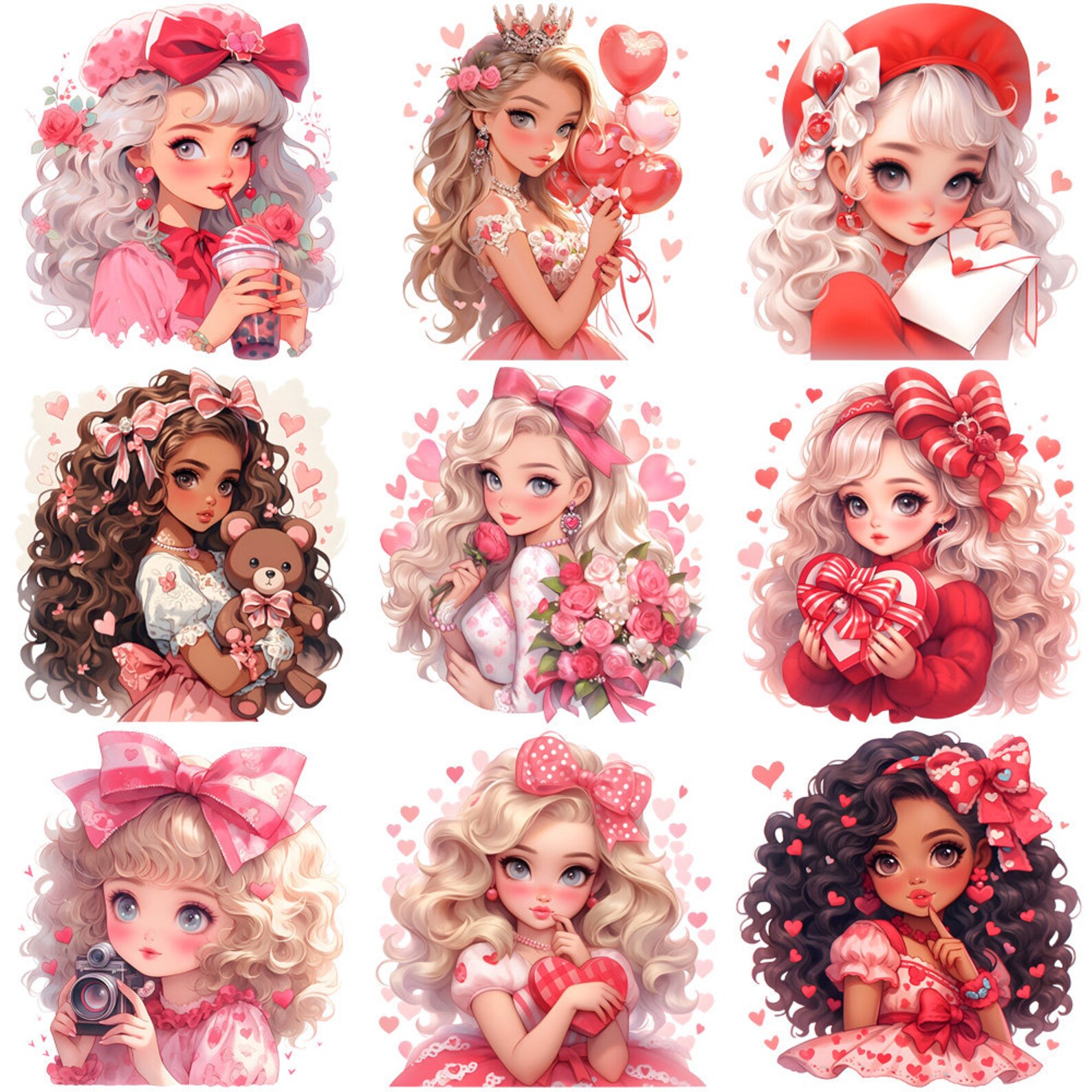 Romantic Valentine's Day Bundle Art, Pretty Red Lovely Girls Digital ...