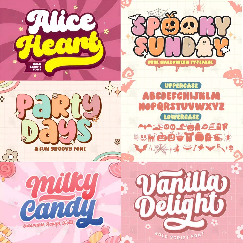 Cute Cartoon Font Bundle Best Collection, American Retro English Font, Old Fashion Style Groovy ...