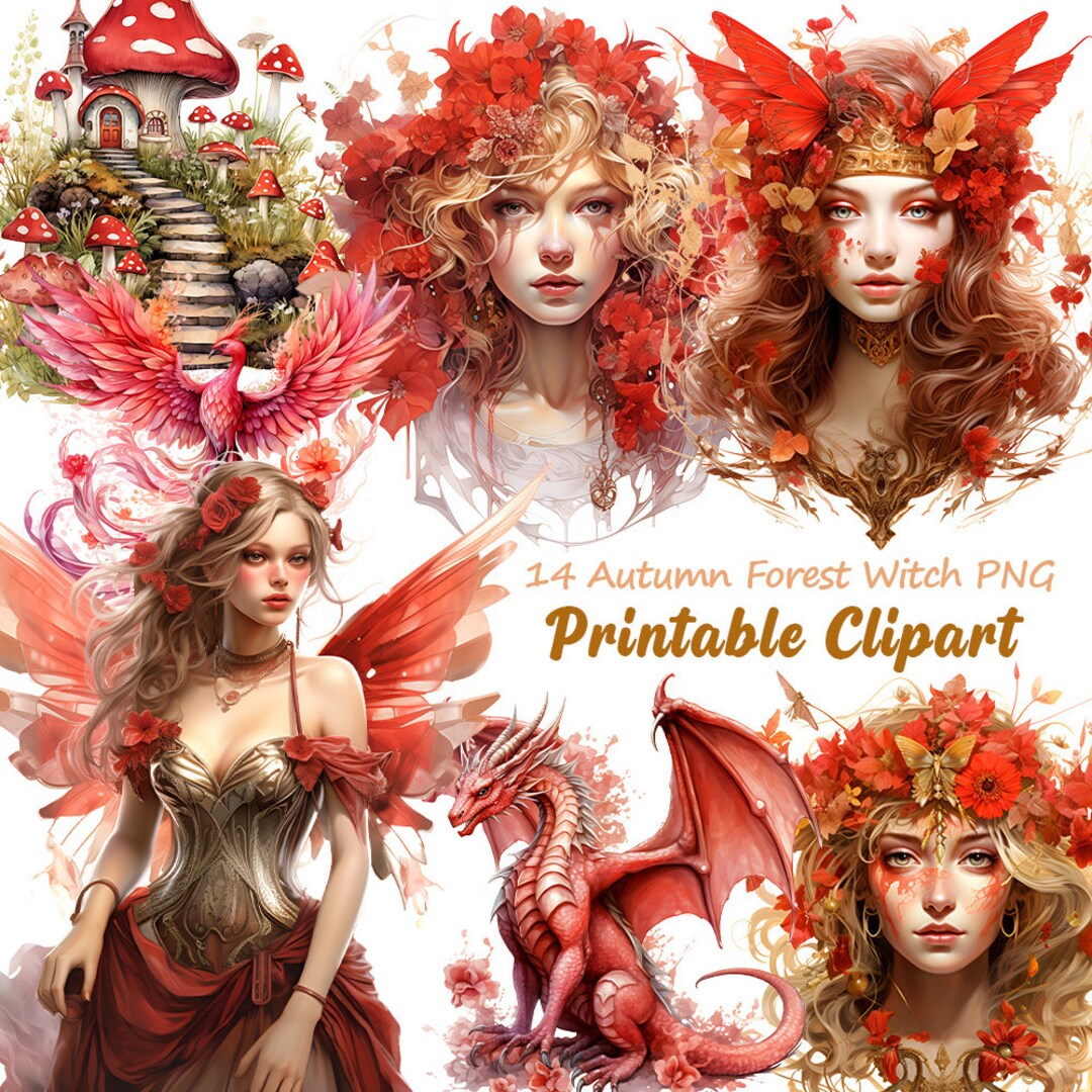 Red Witch Forest Clipart, Autumn Elf, Dragon, Unicorn, Castle PNG ...