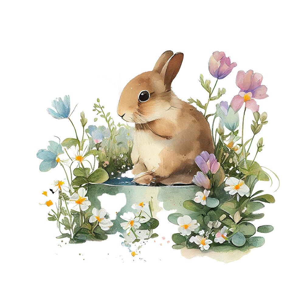 Bunnies With Flowers PNG, Spring Cute Bunny, Watercolor Little Animals ...