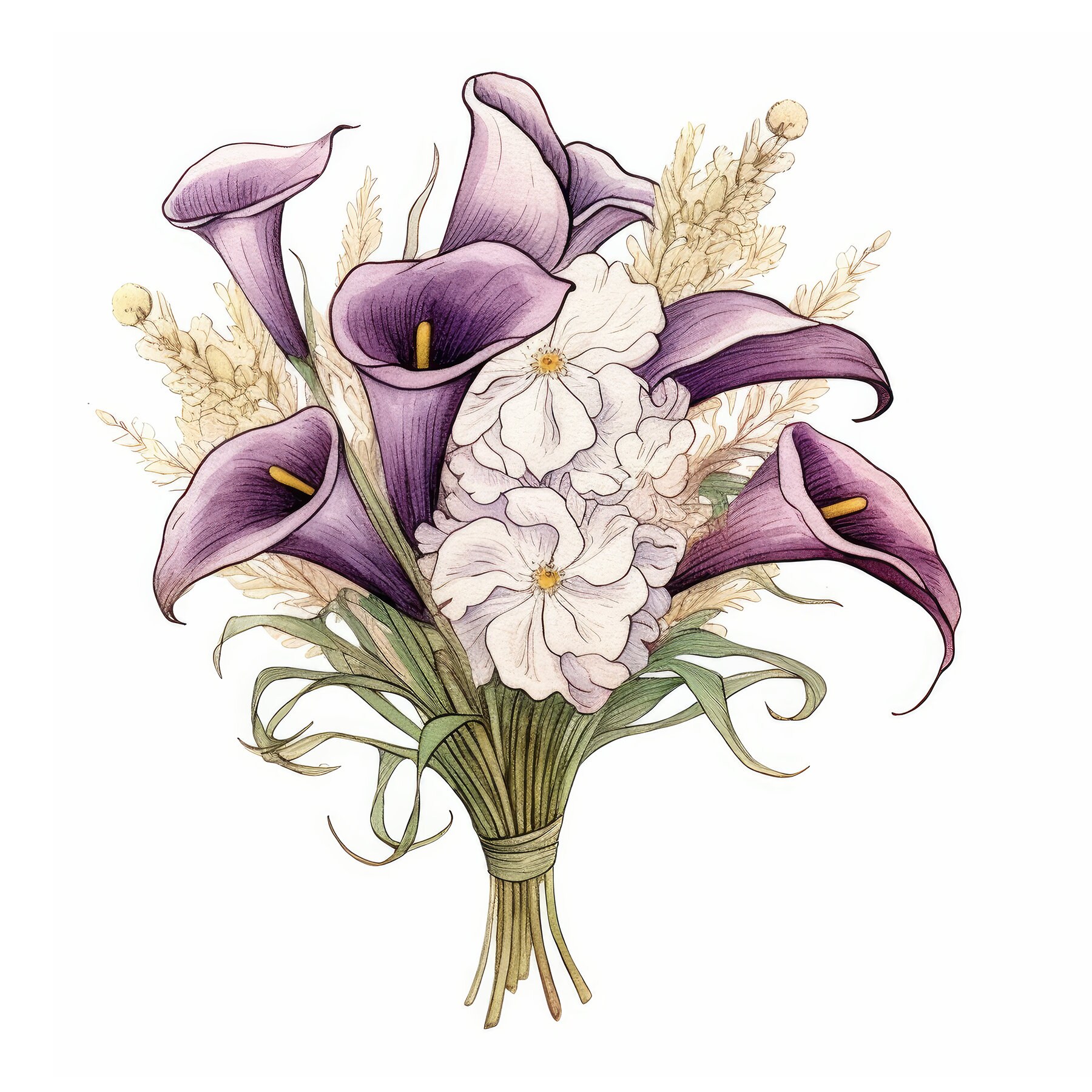 Retro Romantic Bouquets, Watercolor Purple Floral, Tulip, Wildflowers ...