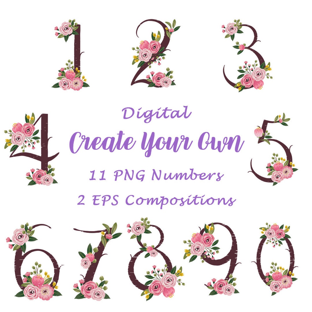Floral Numbers, Watercolor Floral Numbers, Floral Numbers, Pink ...